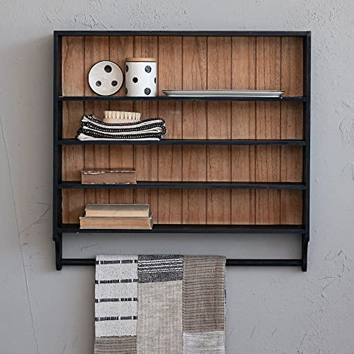 Creative Co-Op Modern Farmhouse Wood 3 Shelves and Hanging Rod, Black and Natural Wall Shelf