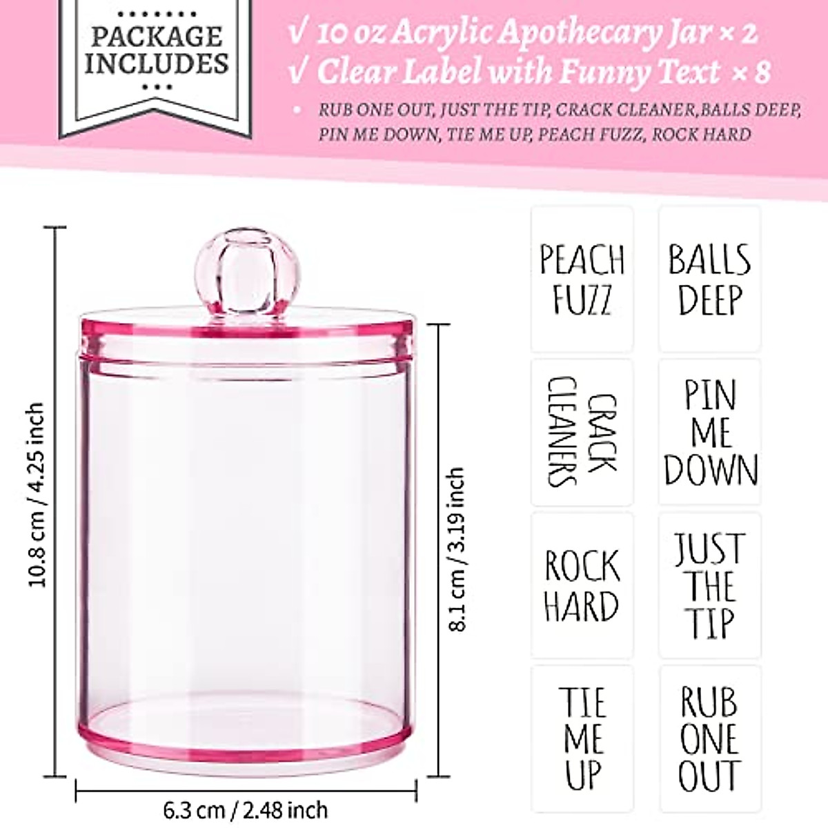 4 Pack Qtip Holder Dispenser with Lids and Labels - 10 oz Apothecary Jars Bathroom Vanity Canister Organizer for Cotton Balls, Pads, Swabs, Floss (Pink)