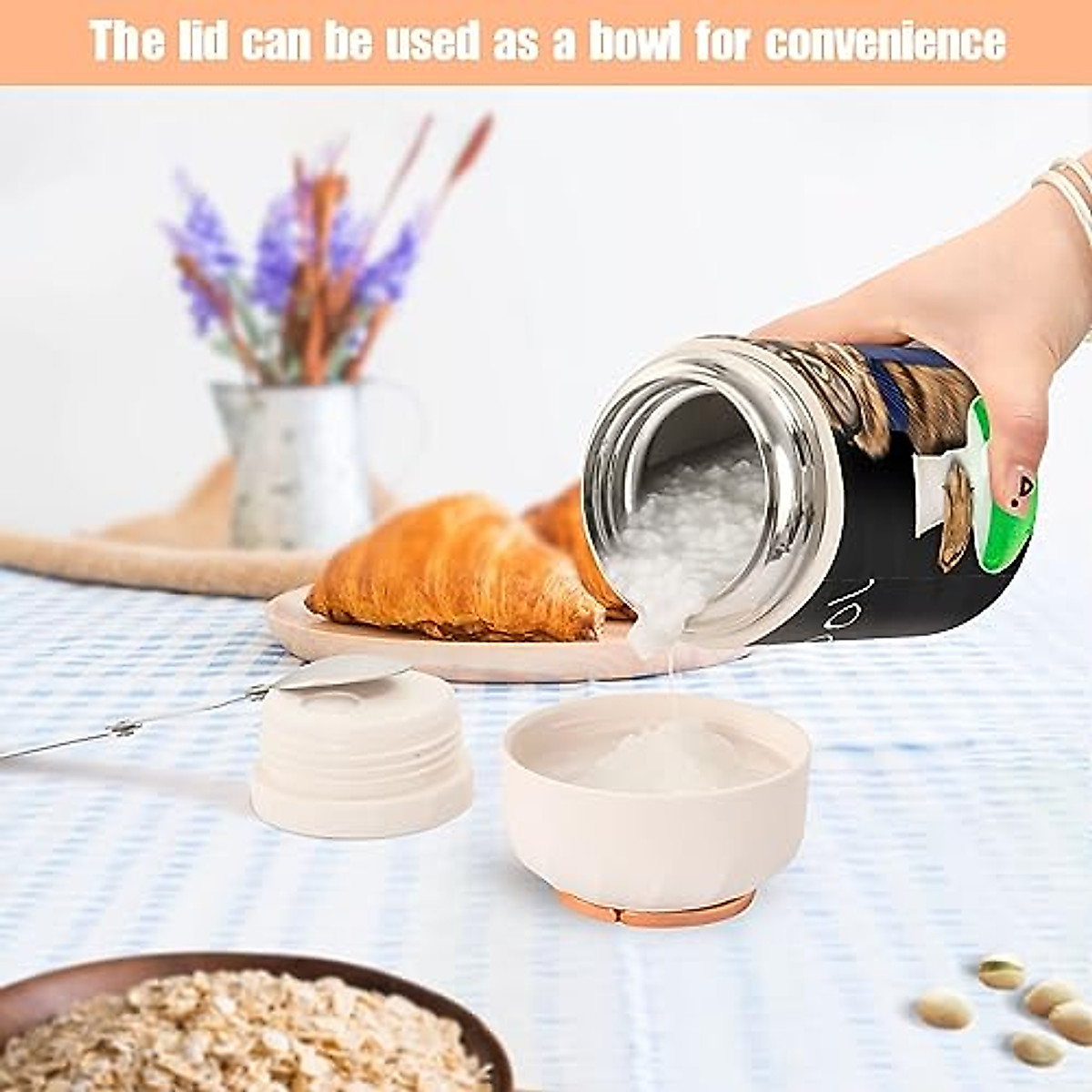 CUPADA Funny Cat Teacher Food Jar, Back To Insulated Hot Food Jars Vacuum 17OZ with Folding Spoon for Work Trip Picnic Camping