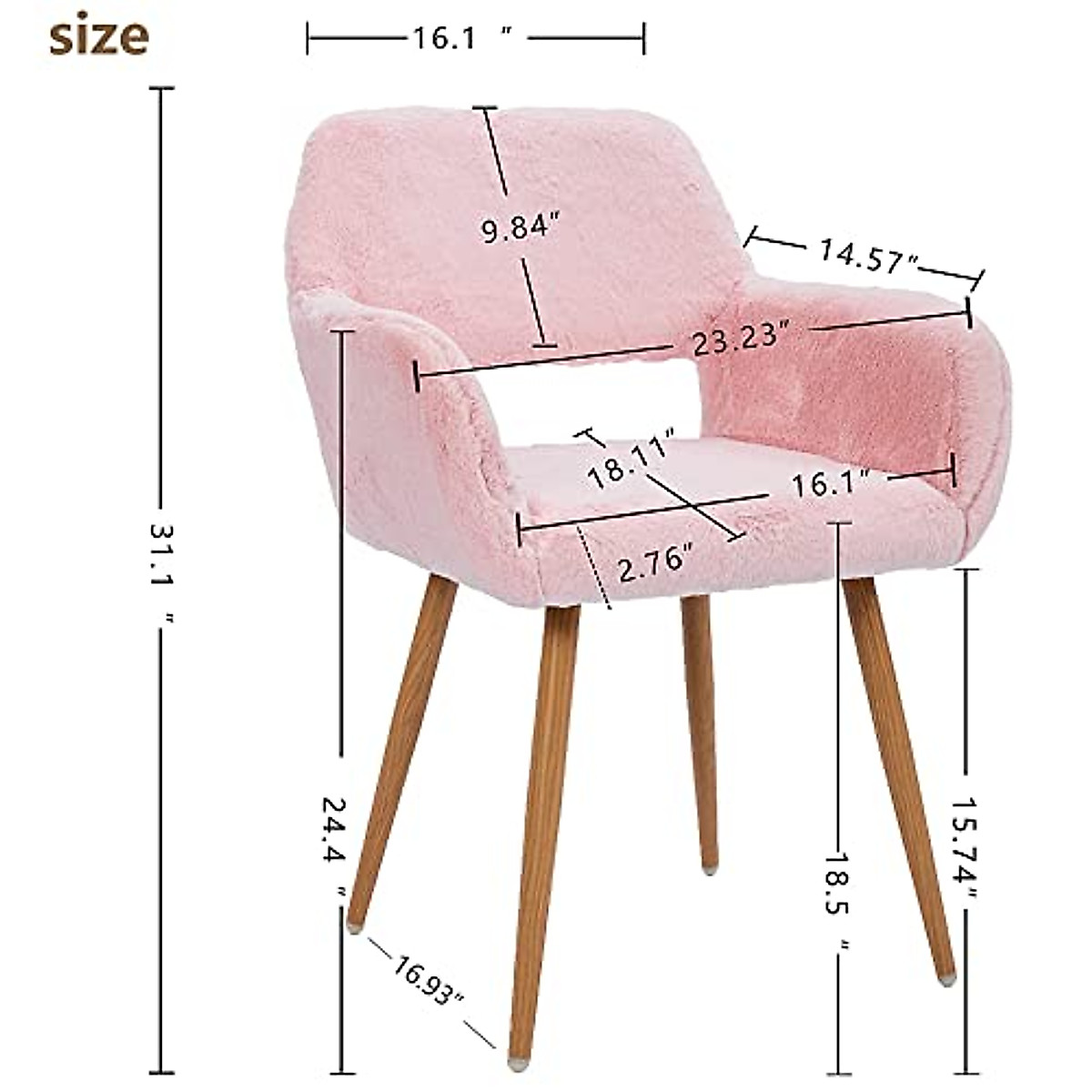 Faux Fur Chair for Bedroom Mid Century Modern Desk Living Room Chairs with Armrest, Sherpa Accent Dining Chair, Comfy Armchair with Metal Legs, Home Girls Vanity Makeup Study Office Desk Chair (Pink)
