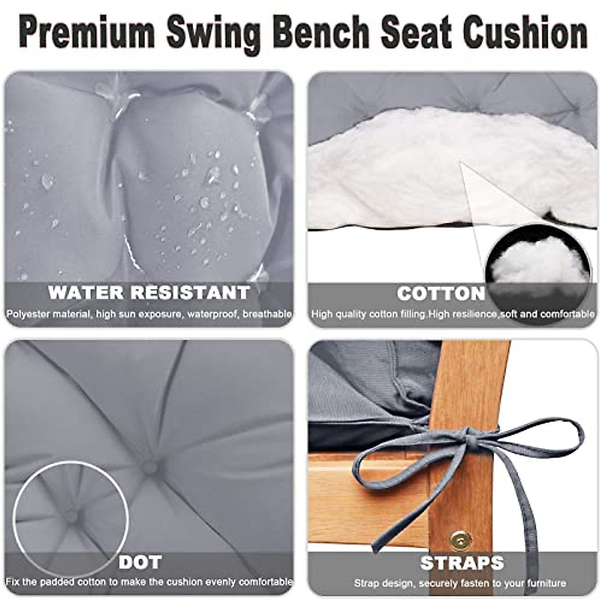 Bench Cushions Swing Cushions Replacement Seat Pad, 3 Seater Waterproof Overstuffed Bench Cushion,Outdoor Loveseat Cushions with Ties for Porch Garden Furniture Patio Lounger(Light grey 40x60 inch)