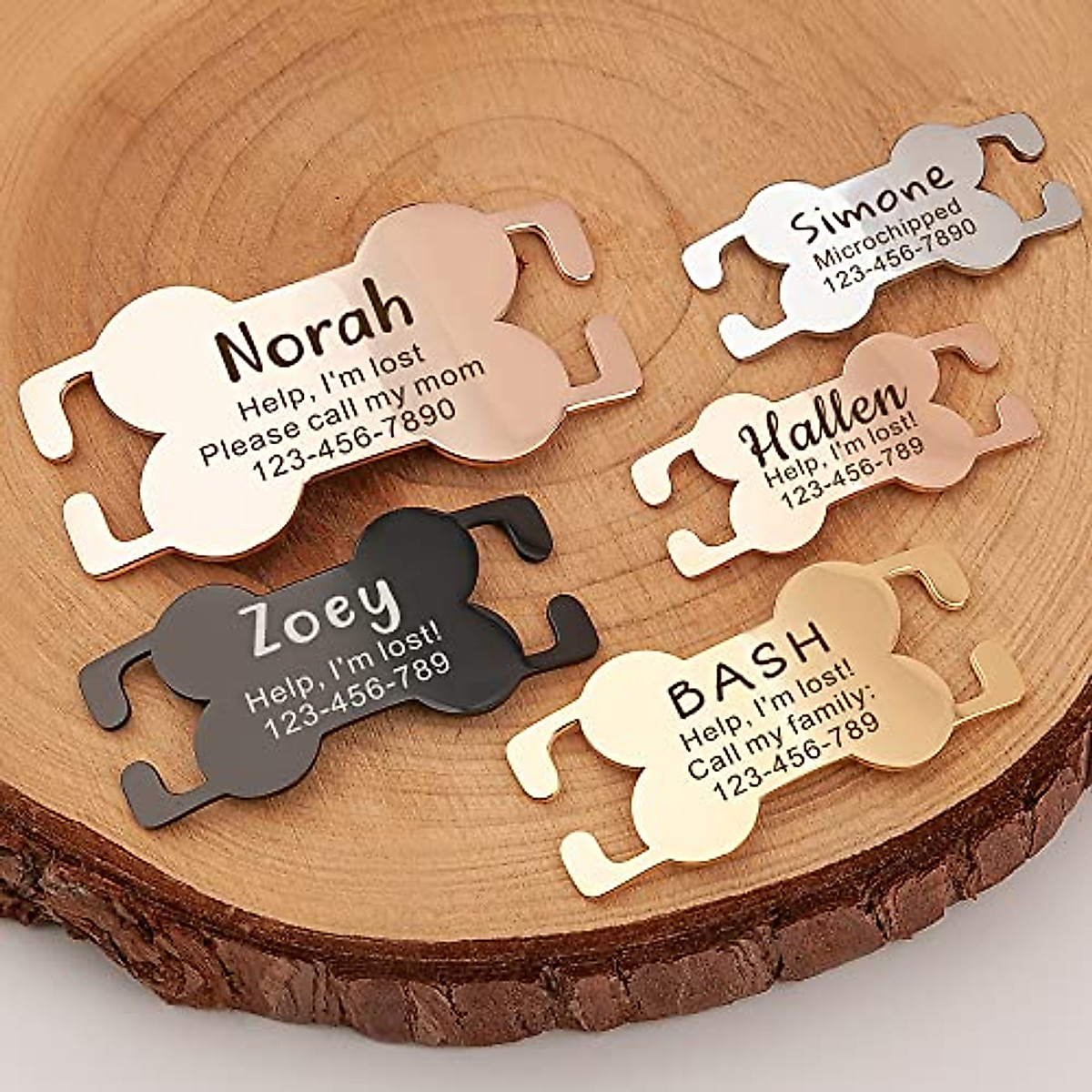 Anavia Bone Shape Slide On Silent Pet ID Tags, S/M/L/XL Gold Black Personalized Engraved Cat Dog Name Tags, Glossy Finish Stainless Steel Chew-Proof Quiet Dog Collar Tag