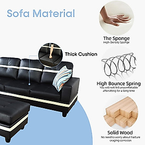 Caberryne Sectional Couch for Living Room Furniture Set Black,Sectional Sofa Set L Shape Sofa and Chaise with Storage Ottoman for Living Room/Apartment（Black,Facing Left Chaise）