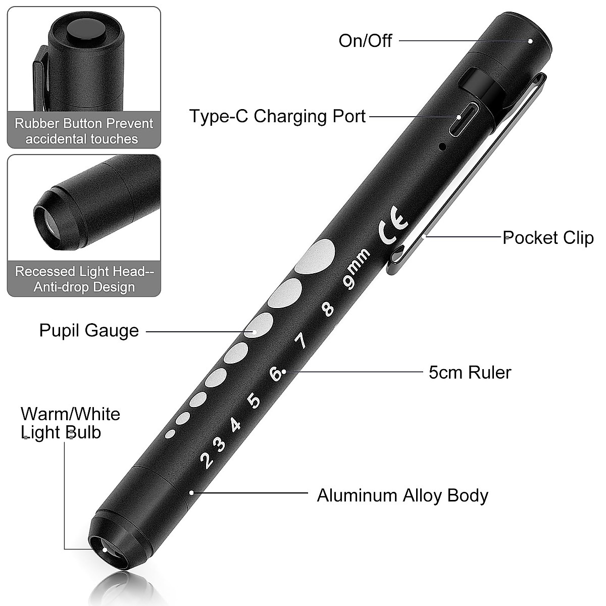 RISEMART Rechargeable Pen Light for Nurse, Rechargeable LED Portable Medical PenLight for Nurse, Doctor, First Aid, EMT, Nursing,Nursing Student,Warm/Cool White Black1