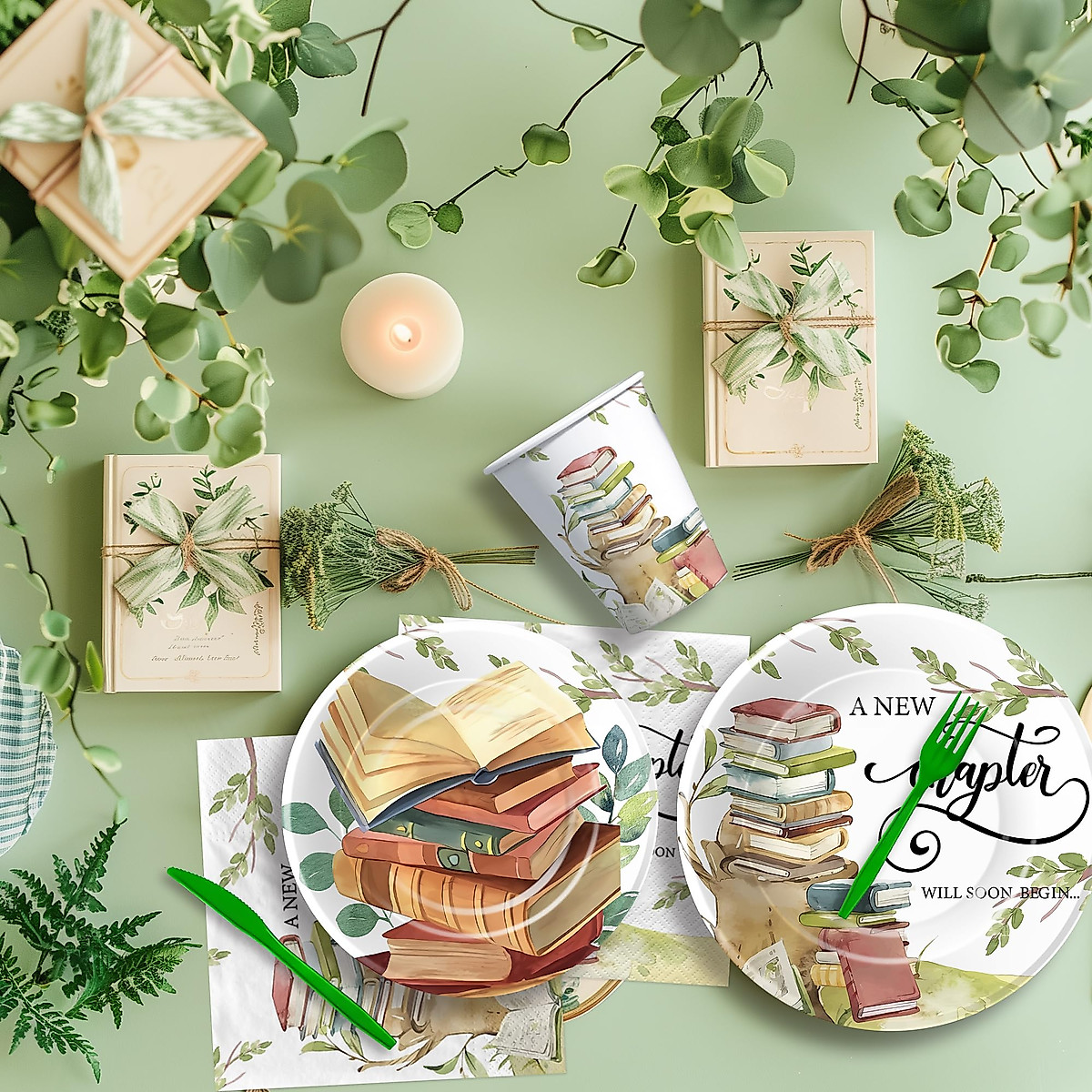 APOWBLS Storybook Baby Shower Decorations Supplies - A New Chapter Will Soon Begin Book Theme Party Decorations, Plate, Cup, Napkin, Cutlery, Library Reading Book Club Decorations Tableware | Serve 24