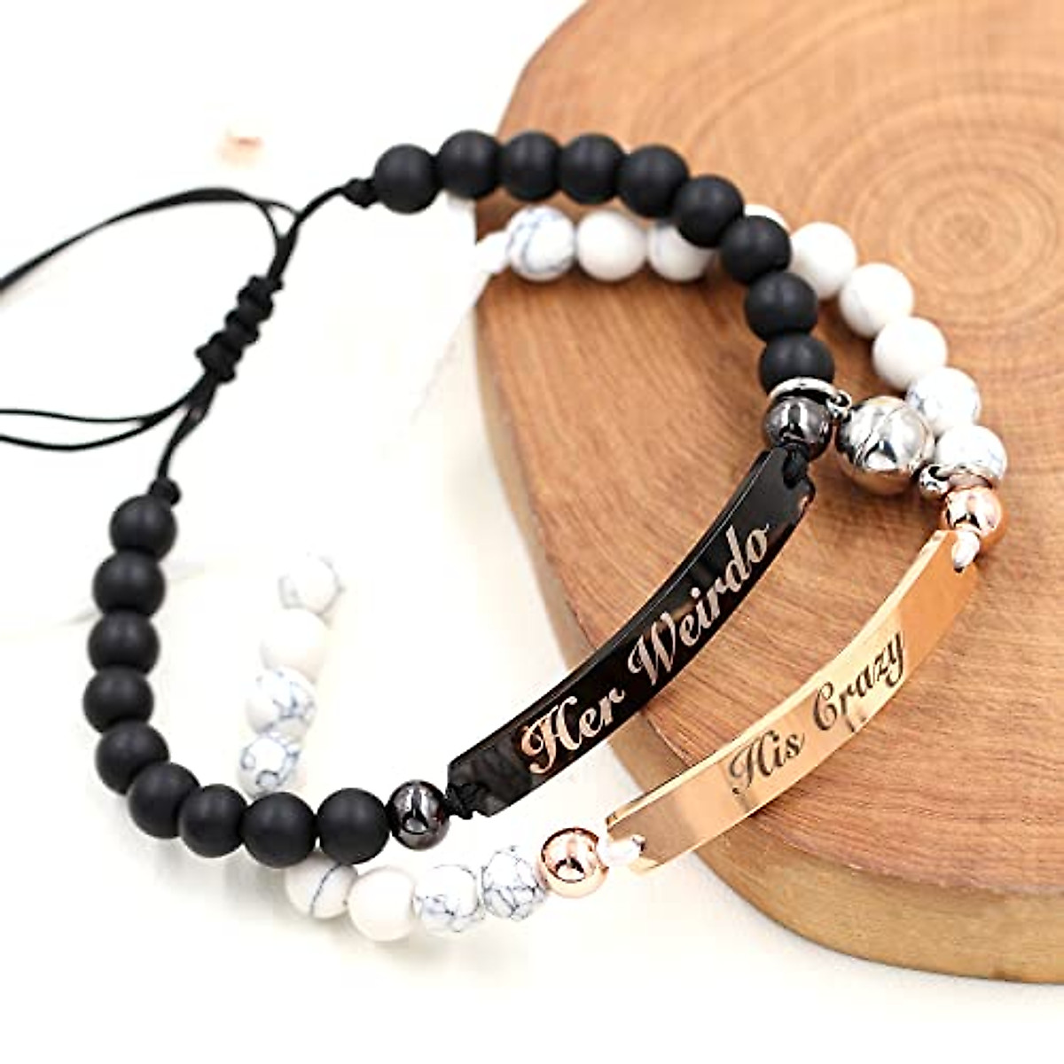 Uloveido His Crazy Her Weirdo Couple Bracelets Stainless Steel ID and Natural Beads Handmade Braided Rope Bracelet Set for Men Women Adjustable (His Crazy Her Weirdo)