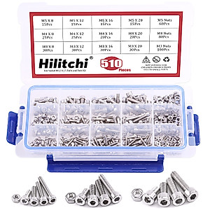 Hilitchi 510pcs M3 M4 M5 Stainless Steel Hex Socket Head Cap Bolts Screws Nuts Assortment Kit - 304 Stainless Steel (Hex Socket)