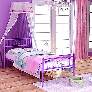 GIME Purple Twin Bed Frames with Storage for Adults Teens, Single Beds Metal Twin Size Beds for Girls, No Box Spring Needed Twin Platform with Headboard for Students