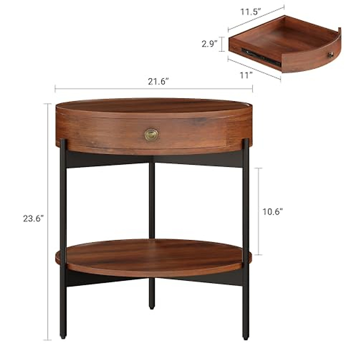 ODIKA Beverly Hills Mid Century Modern Side Table - Versatile Round Nightstand with Drawer, Bedside Table and End Table, Small Wood Side Table for Bedroom, Walnut, Set of 1