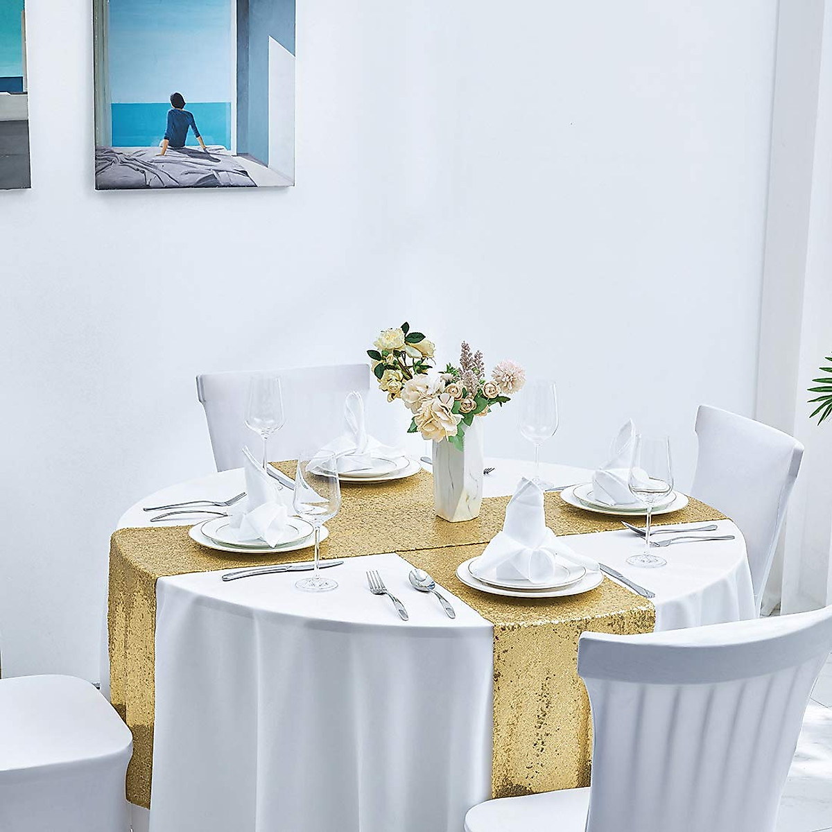 2 Packs 12 x 72 inches Gold Sequin Table Runner, Glitter Runner for Birthday Party Supplies Decorations Wedding Bachelorette Holiday Celebration Bridal Shower Baby Shower