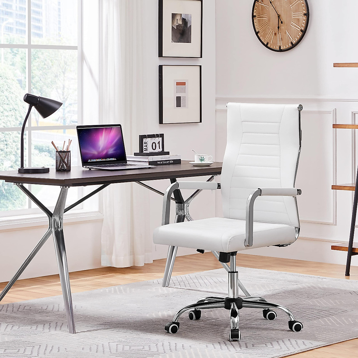 Yaheetech High-Back Office Desk Chair Executive Task Chair Management Chair PU Leather Chair Height Adjustable with Ergonomic Backrests for Conference and Home, White
