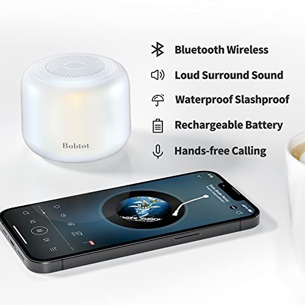 Bobtot Portable Bluetooth Speakers Wireless Speaker- Waterproof Speaker with Loud Stereo Sound,15 Hours Playtime, Rechargeable Battery, Built-In Microphone, Mini Speaker with Strap Easy to Carry White
