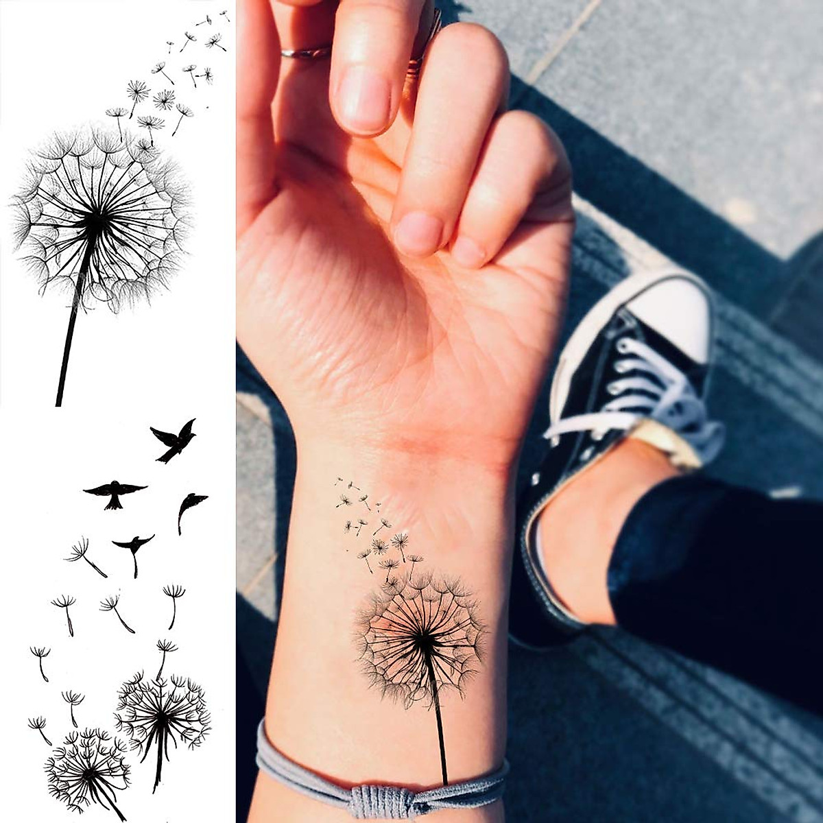 EGMBGM 13 Sheets Beautiful Dandelion Temporary Tattoos For Women Realistic Flying Dandelion Birds Butterfly Fake Tattoos Flowers For Girls Kids Hand Wrist Neck Decoration Temp Tatoos Temporary Sticker