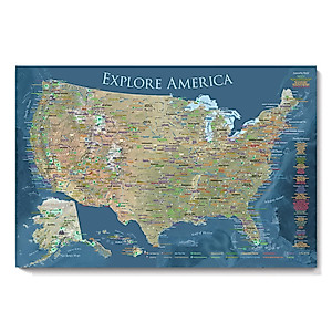 National Parks Poster Map with terrain and USA Interstates, All NPS Sites, Landmarks, Highest Peak by State Poster - 24x18 inch Map - Explore America - Voyager Edition