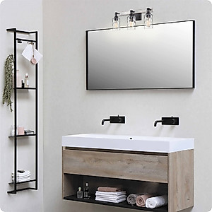Kira Home Ashland 24" 3-Light Farmhouse Bathroom/Vanity Light + Hammered Glass Shades, White Ash Wood Style + Black Finish