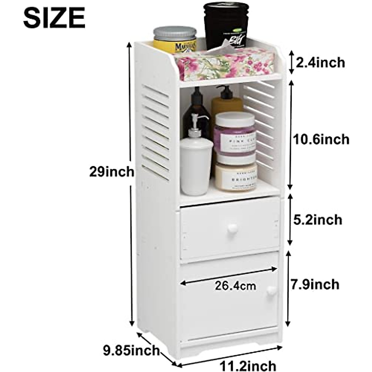 Rerii Bathroom Storage Cabinet, Small Floor Bathroom Organizer Free Standing, Side Toilet Cabinet with Drawer and Door, White