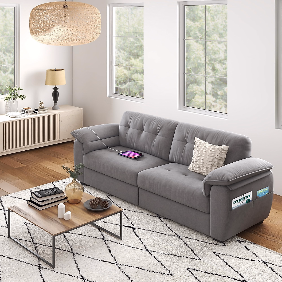 CHYMSUN 87" Modern Sofa, Comfy Sofa Couch w/Extra Deep Seats, 2/3 Seater Couches w/USB Charging Ports & Side Pockets, Sleeper Sofas for Living Room, Apartment, Office (Grey Chenille)