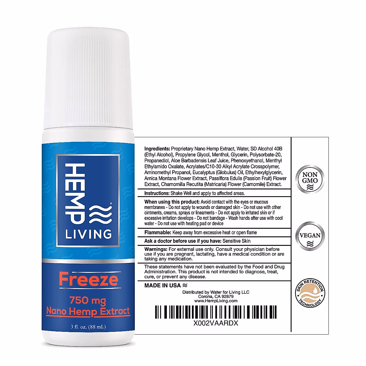 HEMP LIVING Freeze Nano Hemp Extract Roll On, Cold Therapy, Roll On for Muscles and Joint Strain, 3 oz Roll on Bottle (750 mg)