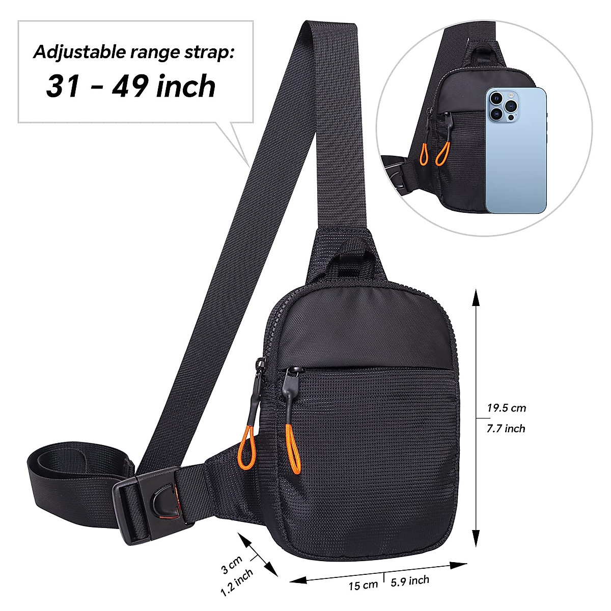 MJNUONE Mini Sling Chest Bag Waterproof Small Crossbody Bag Multi-purpose Lightweight Sling Bag for Men and Women (Black)