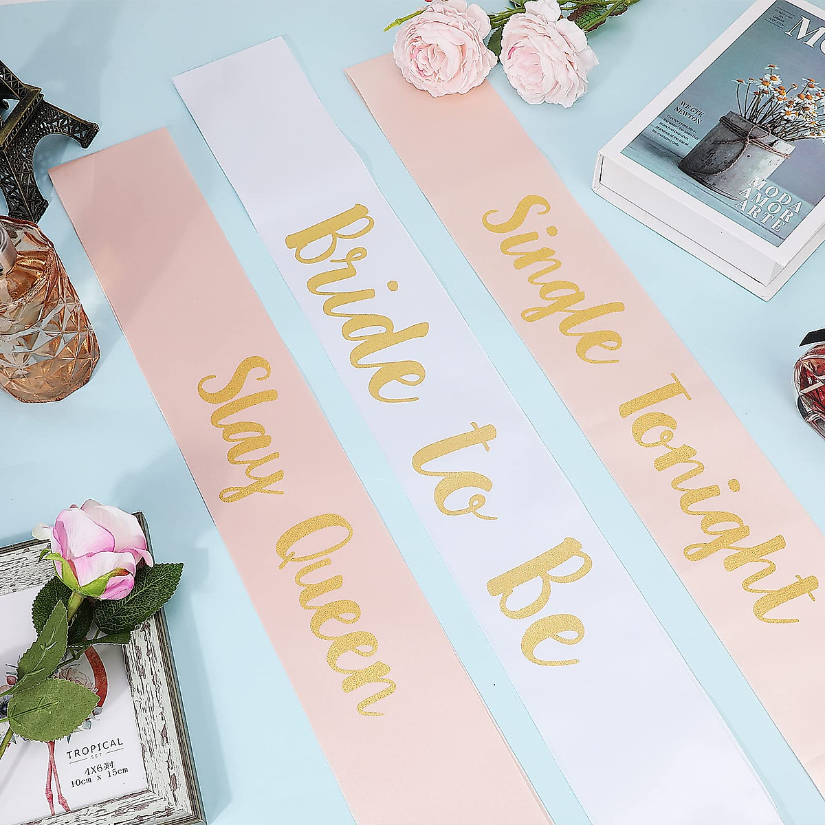 PHOGARY 18 Pack Bachelorette Sashes for Bridal Party - 1 White Bride to Be Sash with 17 Rose Gold Team Bride Sashes - Funny Sashes Set for Bachelorette Party Hen Party Bridal Shower Wedding Party