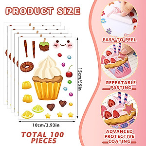 Sinmoe 100 Sheets Valentine Cupcake Stickers Colorful Make Your Own Stickers DIY Sweet Kids Cupcake Craft Stickers Mix and Match Dessert Stickers for Kids Classroom Birthday Party Favor, 20 Styles