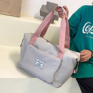 holygloomy Large Capacity Folding Travel Bag, Dry&Wet Separation Handle Shoulder Bag Women Storage Lightweight Waterproof Foldable Carry Luggage for Sports, Gym, Vacation, Grey Pink, 42x28x22cm