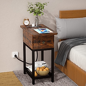 Yenlure Side Table Night Stands End Table with Charging Station Drawers Narrow End Tables Living Room Bedroom Side Table for Small Spaces Rustic Brown