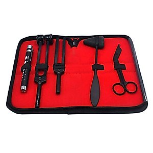 LAJA Imports Student Exam Kit - 5-Piece Assessment and Diagnostic Set Color Black - Reflex Hammer, C128 and C512 Tuning Forks, Pupil Gauge, Bandage Scissors – Perfect
