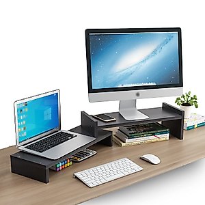hodiczk Dual Monitor Stand Riser with Adjustable Length and Angle, Double Monitor Riser, Wood Desktop Storage Rack Organizer for Home Office living room, Black
