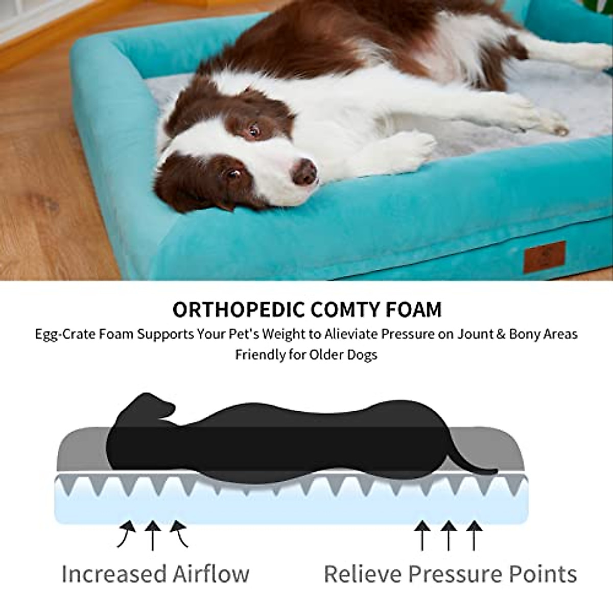 Yiruka Large Dog Bed - Mint Green Orthopedic, Waterproof with Removable Cover, 4-Sided Bolster, Washable