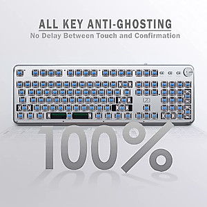 Alkem Mechanical Gaming Keyboard with 30 LED Backlits White Retro Typewriter Keyboard Full-Size 104 Keys USB Wired Retro Steampunk Keyboard Blue Switch Ergonomic Keyboard Metal Panel (Silver)