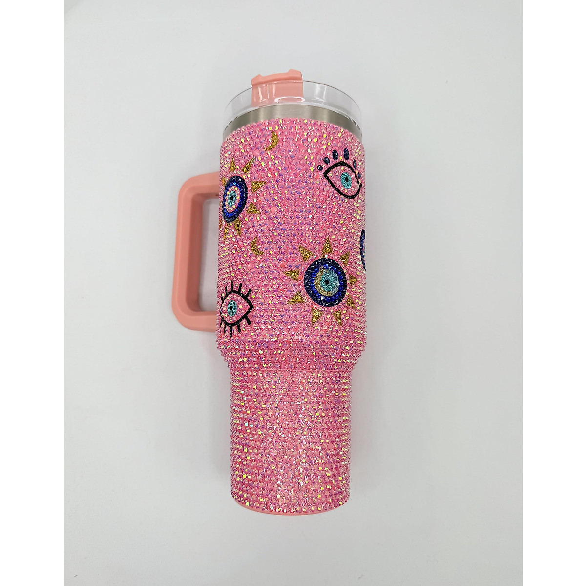 Rhinestone Insulated Tumbler with Handle, 40 oz, Pink with Evil Eye Design, Stainless Steel, Includes Straw and Cleaning Kit