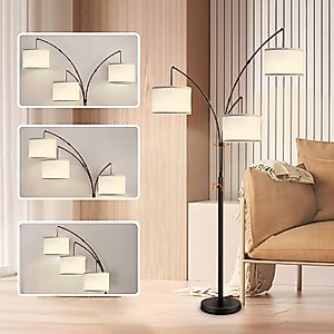 Arc Floor Lamp for Living Room,Modern Mid Century Multi-Tree Floor Lamp with Heavy Base for Bedroom Office,3-Light Dimmable Floor Lamp with Adjustable Hanging Oatmeal Shades and 3 LED Bulbs