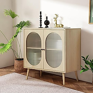 PHOYAL Sideboard Buffet Cabinet, Modern Sideboard Cabinet Accent Storage Cabinet with 2 Doors and Adjustable Shelves Storage Cabinet for Kitchen, Living Room, Hallway, Natural X 2