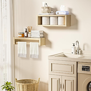 QimCoor Nursery Shelves with Lip, 5.7 inch Deep Floating Shelf with Extra Cube Shelf, Natural Solid Wood Kids Bookshelf, Baby Nursery Decor for Wall (Natural-2pack, 16.5in)