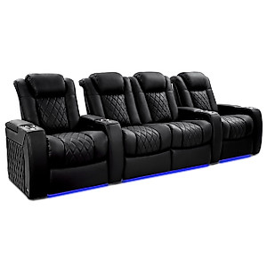 Valencia Tuscany Ultimate Luxury Edition Semi-Aniline Italian Nappa Leather 20000 Power Recline Power Lumbar Support Power Headrest Memory Control RGB Lighting (Row of 4 Loveseat Center Onyx)