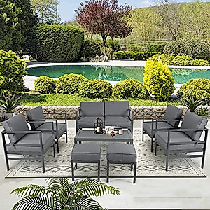 Auzfy Cast Aluminum Outdoor Patio Furniture with Ottomans, All Weather Metal Outdoor Patio Sectional Conversation Furniture Set with Coffee Table, 8pcs Modern Outdoor Steel Seating Furniture Set, Grey