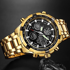 GOLDEN HOUR Luxury Stainless Steel Analog Digital Watches for Men Male Outdoor Sport Waterproof Large Big Size Heavy Wristwatch (Gold Black)