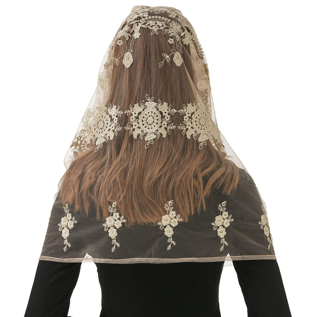 PAMOR Gold Embroidered Traditional Vintage Inspired Infinity Veil Mantilla Veils Mass Head Covering