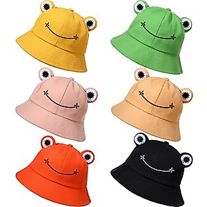 Cute Frog Bucket Hats Fisherman Cap Summer Beach Sun Protection Cap for Adults (Green, Yellow, Black, Orange, Pink, Khaki, 6)
