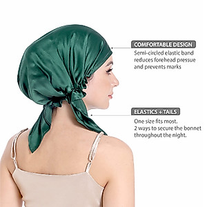 100% Silk Bonnet for Sleeping, Hair Bonnet with Tie Band, Large Silk Sleep Cap for Curly Hair, Silk Hair Wrap for Hair Care, Emerald