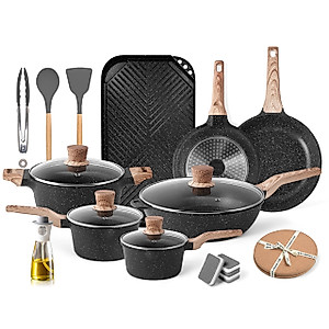 Pots and Pans Set - Caannasweis Nonstick Granite Stone Cookware Sets, Induction casseroles & Saucepan & Frying Pans for Cooking, PFOS PFOA Free, Grill Griddle Black
