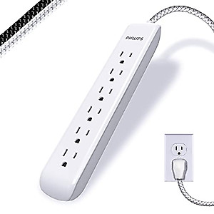 Philips 6 Outlet Surge Protector Power Strip, Designer Braided Power Cord, 4 Ft Power Cord, Flat Plug Extension Cord, Perfect for Office or Home Décor, 720 Joules, ETL Listed, White, SPC3064WE/37