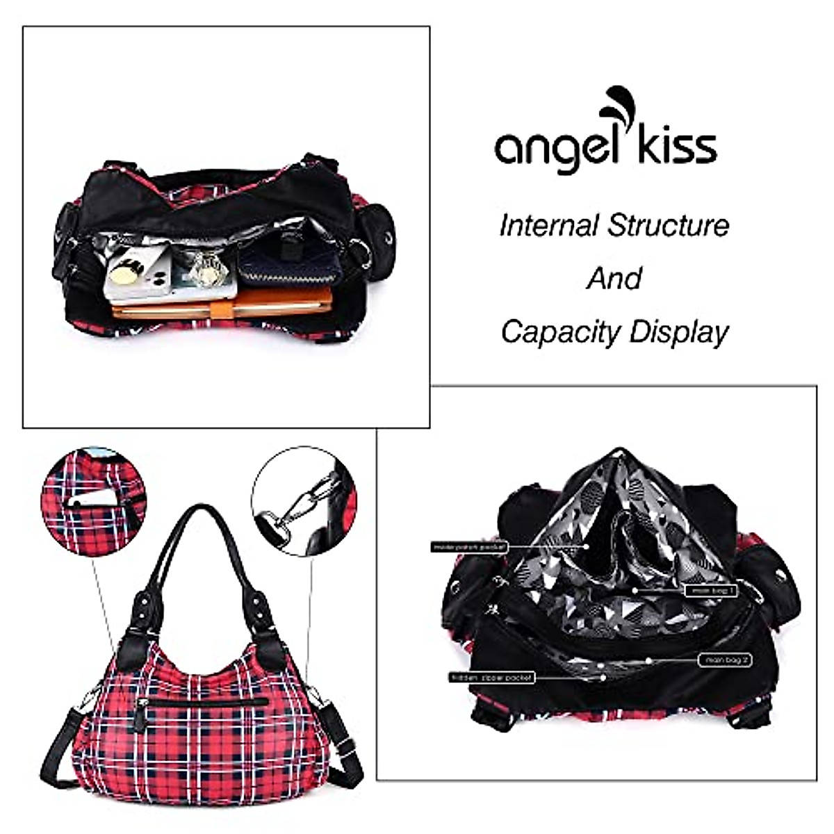 Angel Kiss Women Handbags Shoulder Bags Washed Leather Satchel Tote Bag Mutipocket Hobo Purse