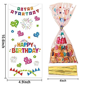 Totelux Happy Birthday Cellophane Gift Bags Clear Candy Bags Plastic Treat Goodies Bags with Ties for Cookies Gift Packaging Birthday Party Supplies 50PCS