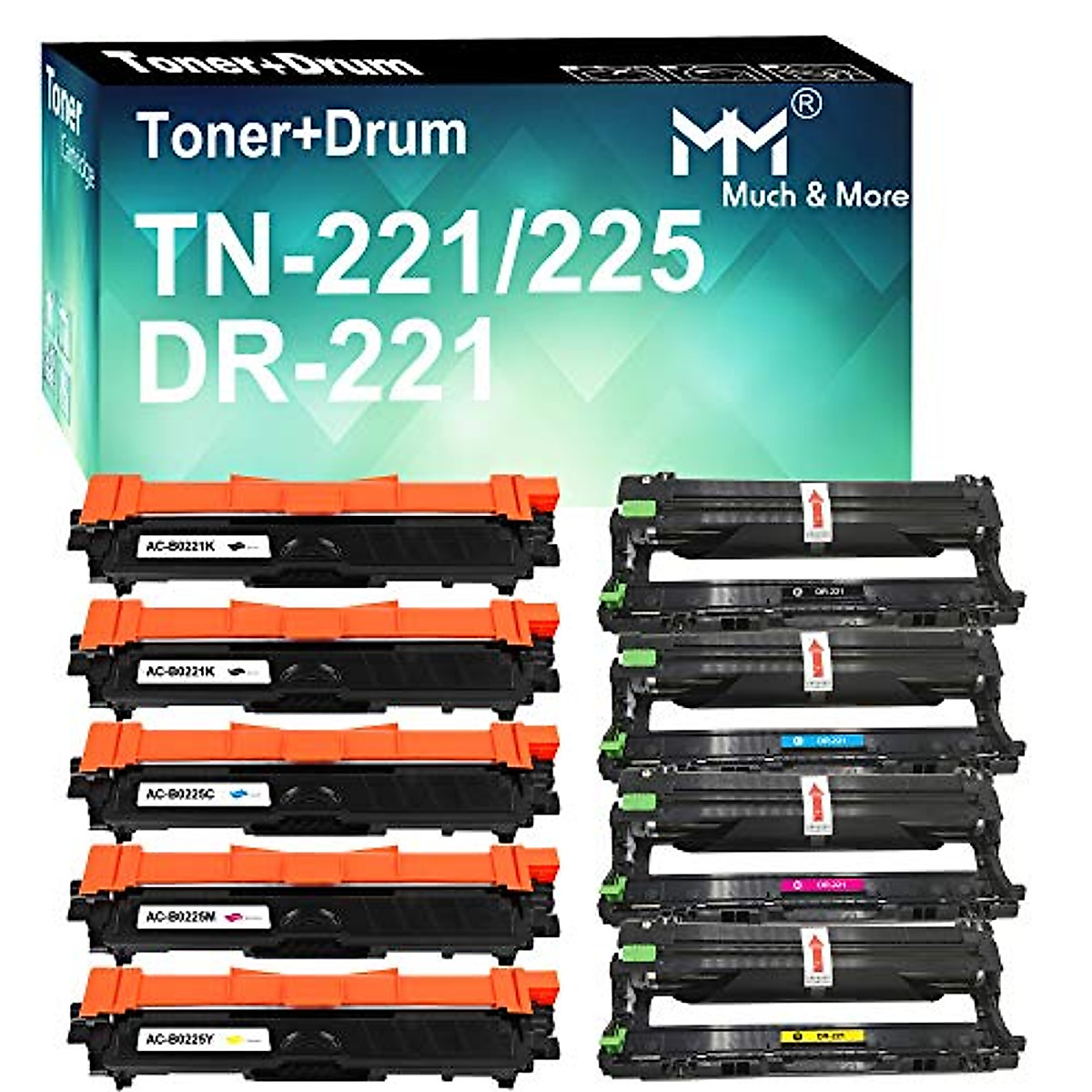 MM MUCH & MORE Compatible TN221 TN-225 TN-221 TN225 Toner Cartridge & DR221CL DR221 Drum Unit Replacement for Brother HL-3140CW HL-3170CDW MFC-9130CW MFC-9340CDW (9-Pack, 5 x Toner + 4 x Drum)