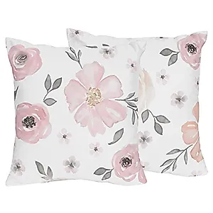 Sweet Jojo Designs Blush Pink, Grey and White Decorative Accent Throw Pillows for Watercolor Floral Collection Set of 2