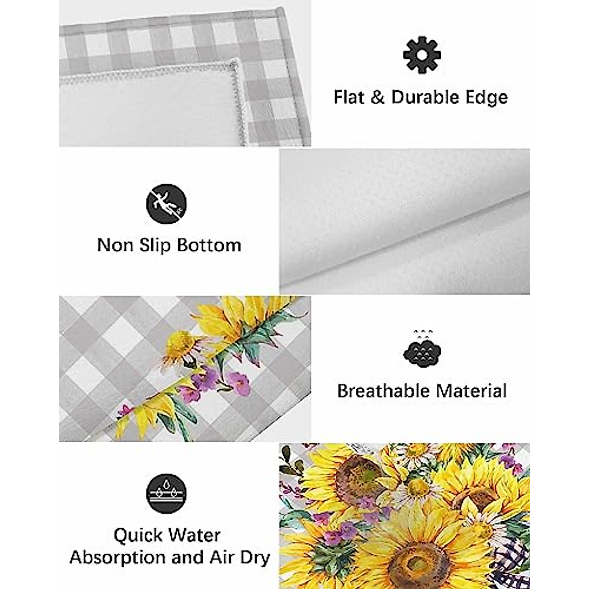 Fall Floral Thanksgiving Outdoor Rug for Patio, Large Floor Mat Sunflower Vase Grey Buffalo Plaid Non Slip Area Rug Rubber Backing Quick Dry Clearance Carpet for Camping, Garden, Deck, Porch, 5' x 8'