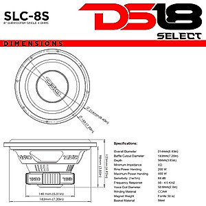 DS18 SLC-8S Subwoofer in Black - 8-Inch Speaker, 400W Max Power, 200W RMS Power, Aluminum 4 Layer Voice Coil, Black Steel Frame, SVC, 4 Ohm Impedance, Ferrite Magnet (1 Speaker) (SLC8S)