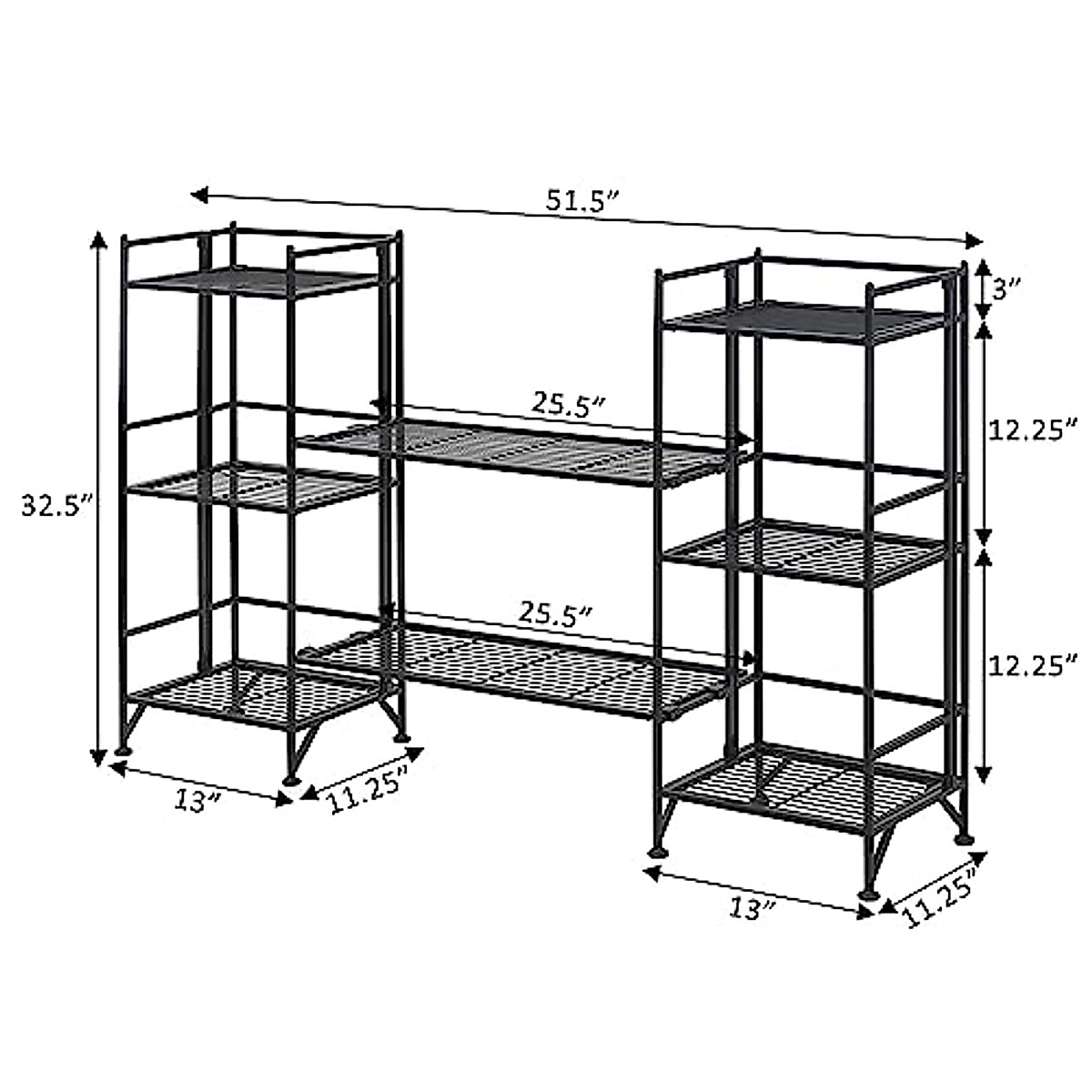 Convenience Concepts Xtra Storage 3 Tier Folding Metal Shelves with Set of 2 Extension Shelves - Organizer for Living Room, Office, Bedroom, Garage, Kitchen, Bathroom, Black